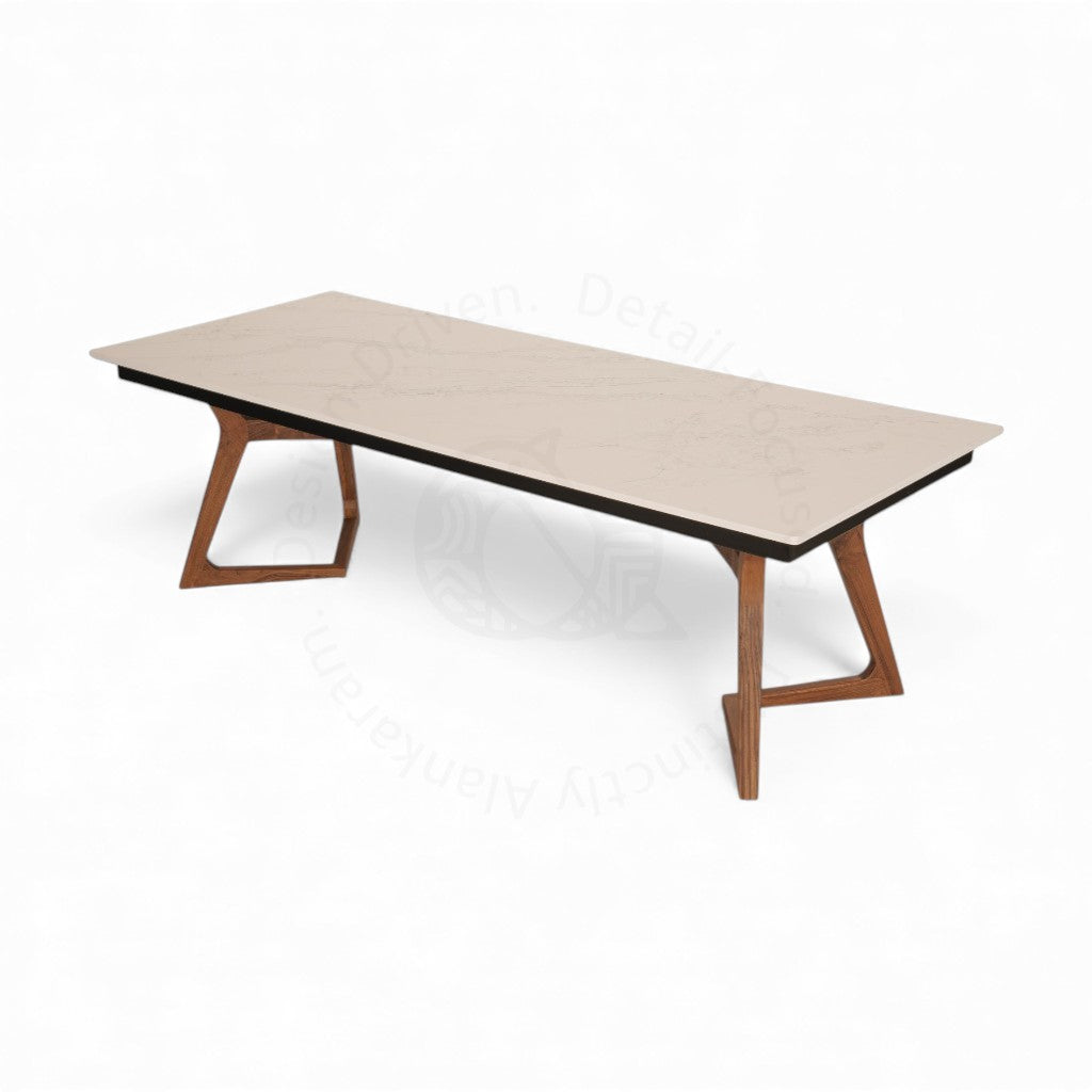 Betona - Eight Seater Teak Dining Table, Plain Stone Top | Alankaram