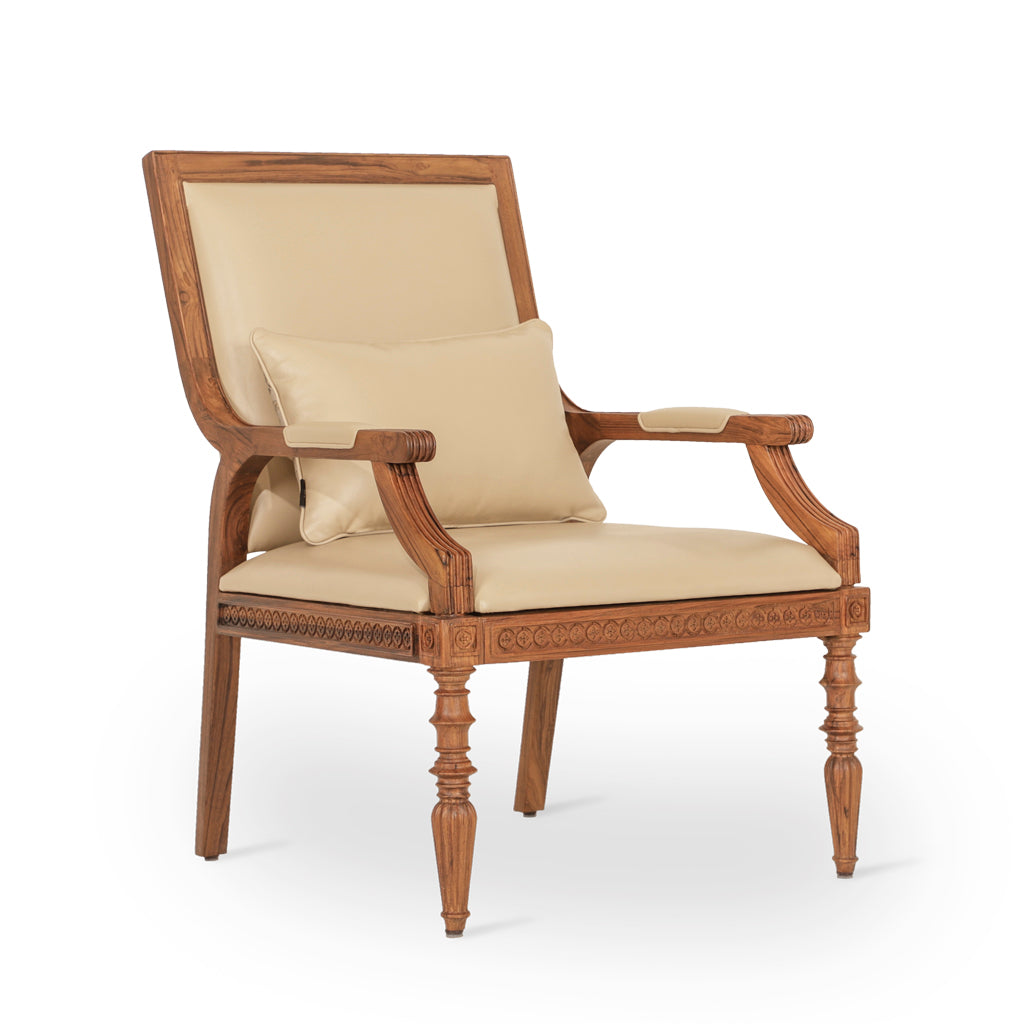 Masani Teak Lounge Chair, Beige Leather | Alankaram