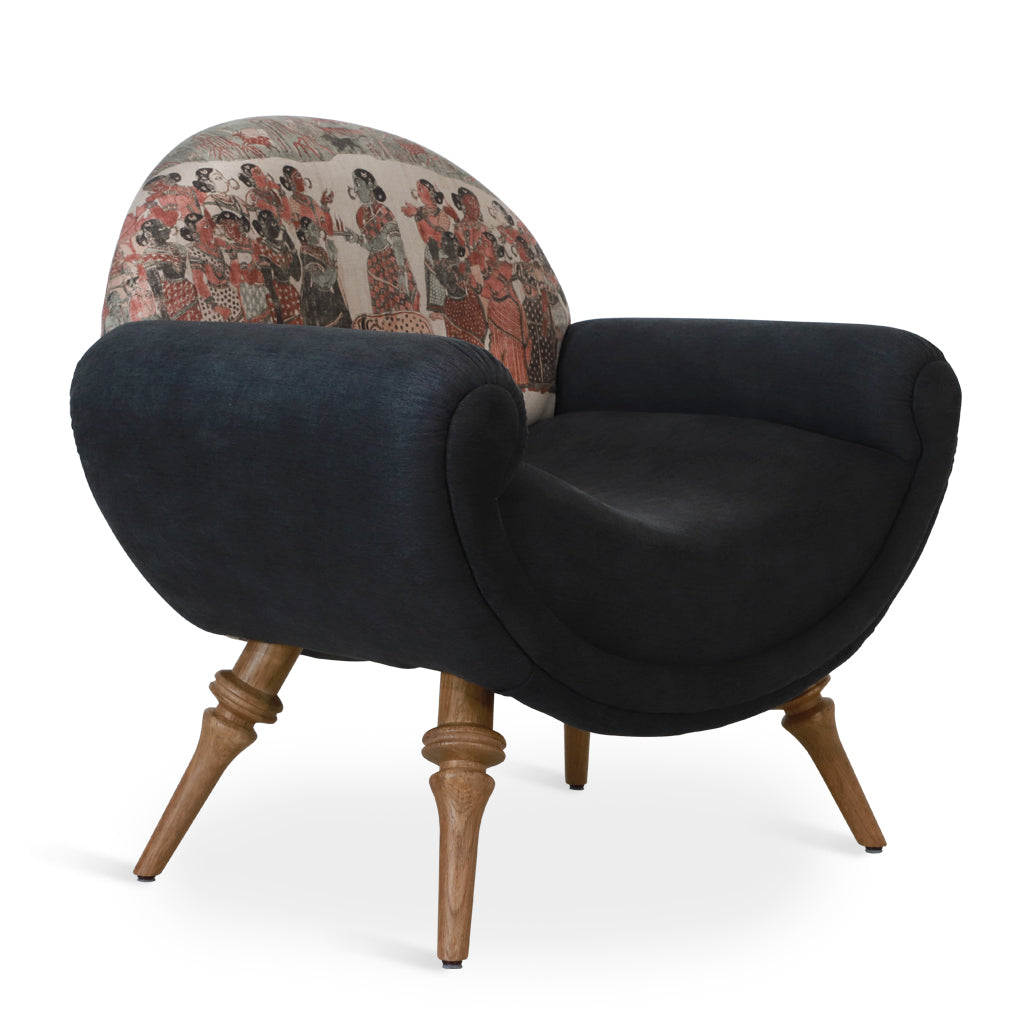 Puoli - Teak Lounge Chair, Blue, Printed Fabric | Alankaram
