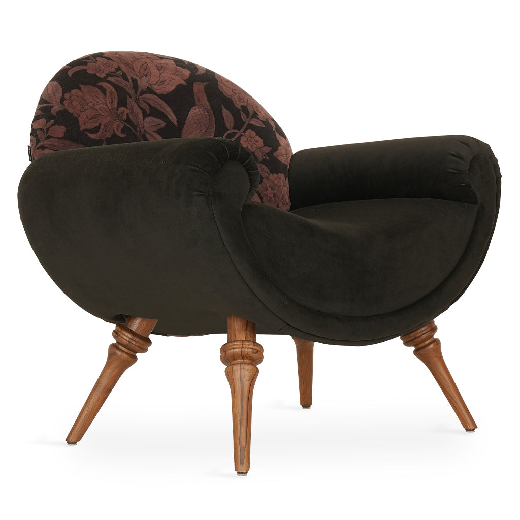 Puoli - Teak Lounge Chair, Charcoal Black, Printed fabric | Alankaram
