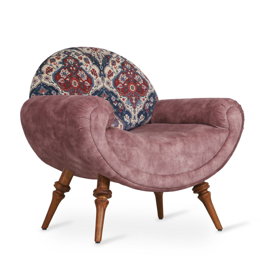Puoli -Teak Lounge Chair, Pinkish Brown , Printed Fabric | Alankaram