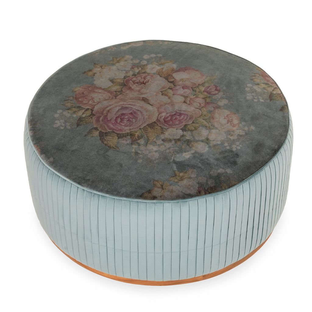 Pouffe - Teakwood Ottoman with Green Fabric | Alankaram